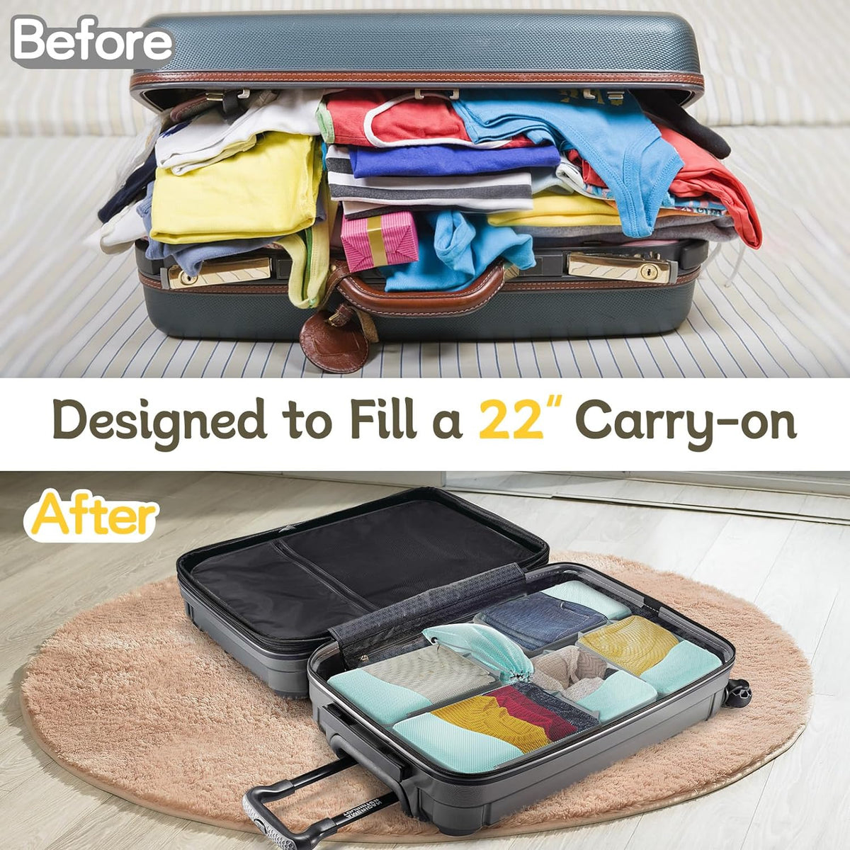 Compression Packing Cubes 6/8 Set, Dual Zipper Compression Packing Cub ...